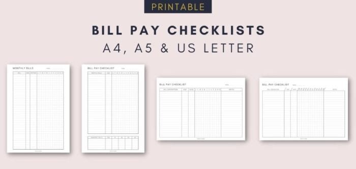 Printable Bill Pay Checklists (4 variations, sizes A4, A5, Letter)